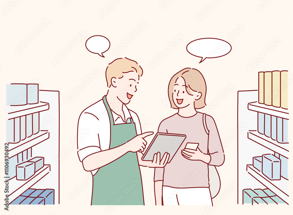 A woman receiving help from a store clerk. Hand drawn style vector ...