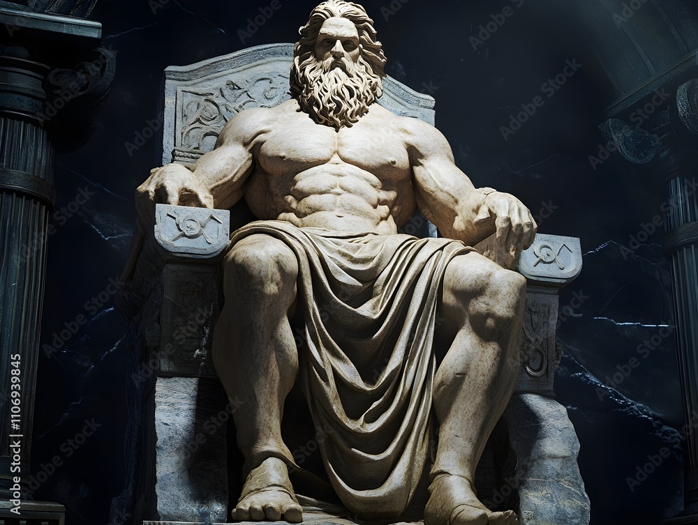 Zeus sits on a stone throne in an ultra-realistic style his imposing ...