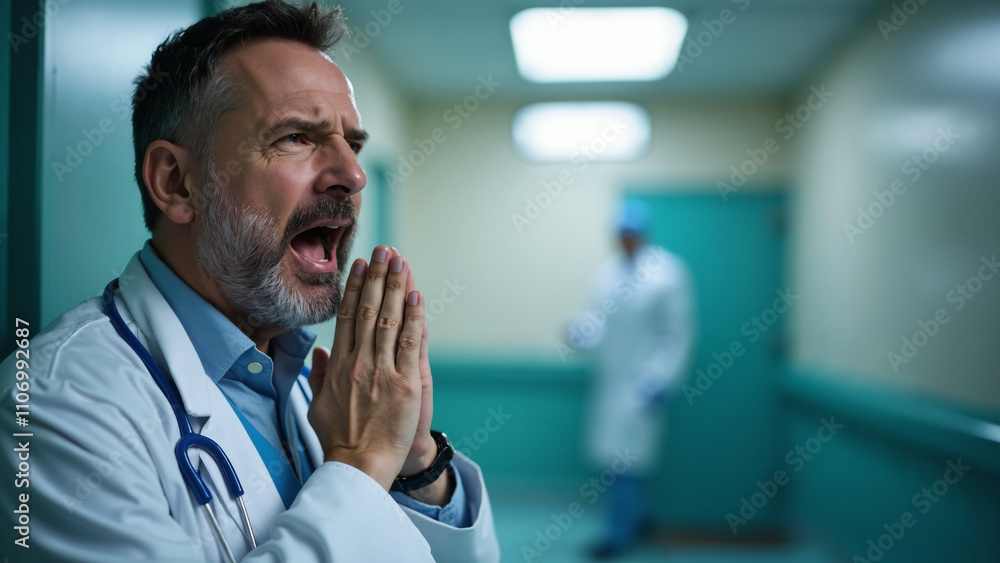 Stressed Doctor Shouting on Hospital Stairs: Healthcare Burnout and ...