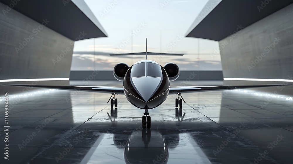 Sleek private jet front view with angular cockpit windows Stock Photo ...