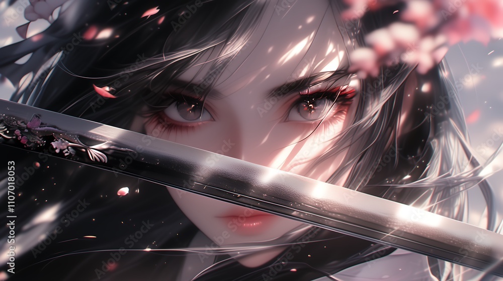 A close-up anime-style illustration of a beautiful female samurai, her ...