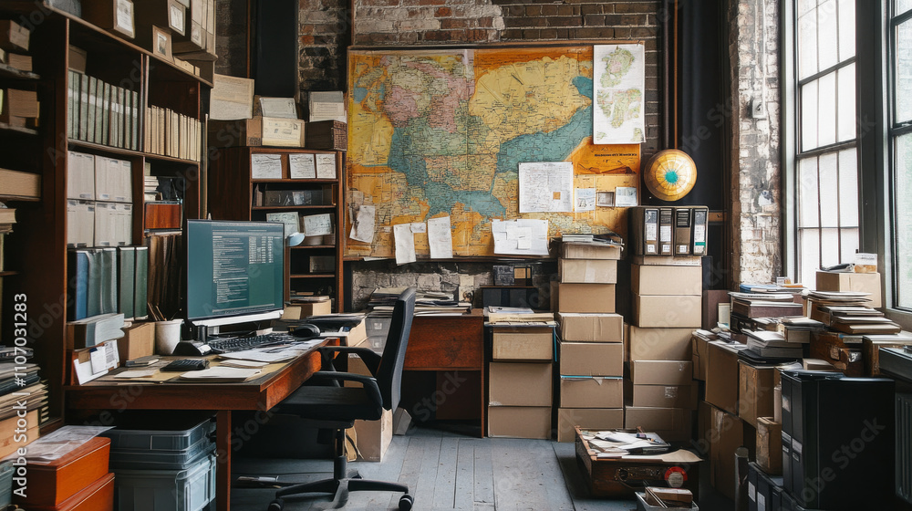Detective office room with desk. Police station interior with crime ...