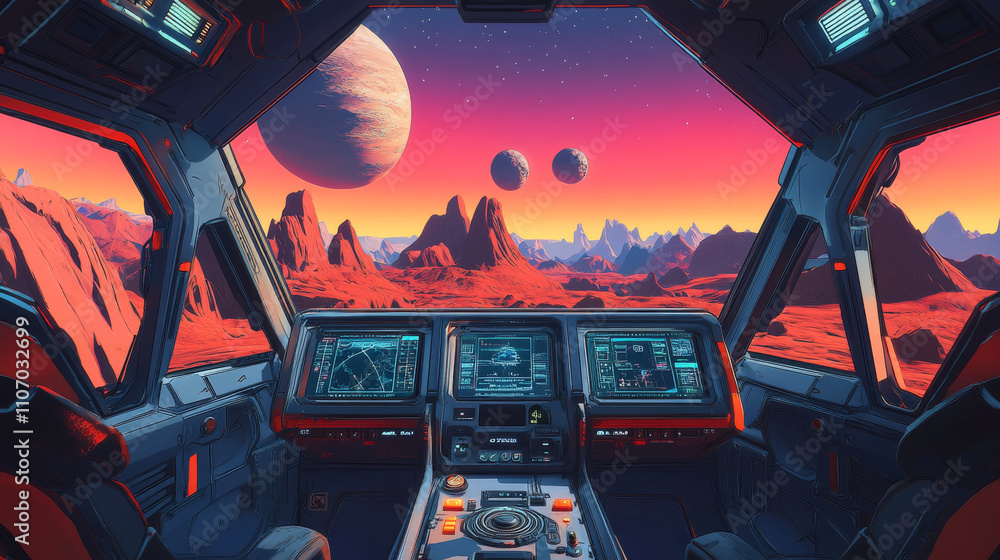 View on alien red planet surface with rock mountains from spaceship ...