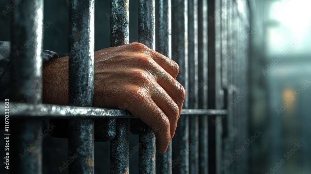 Inmate grasping prison bars correctional facility realistic image dimly ...