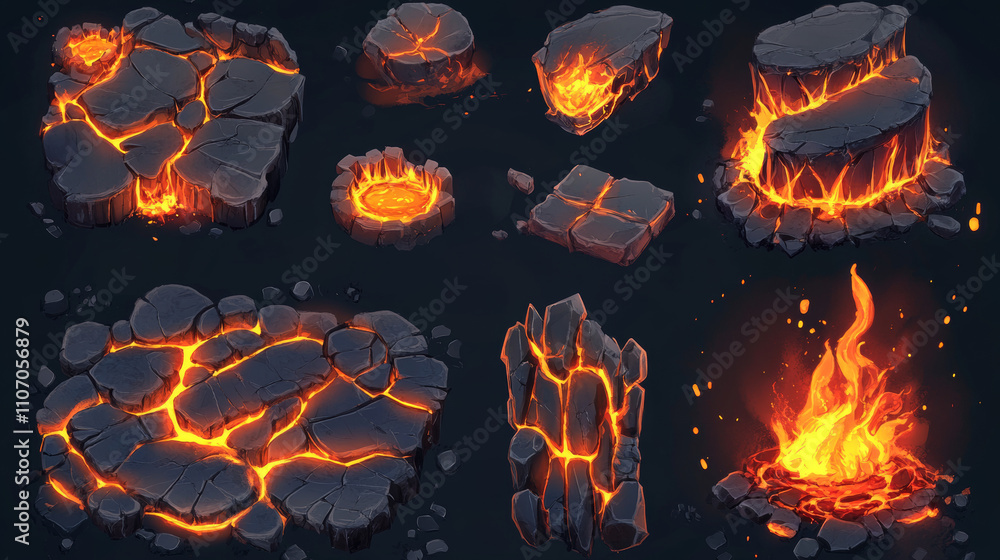 Fire and lava game effect. Magma and rock cartoon ui 2d set. Magic ...