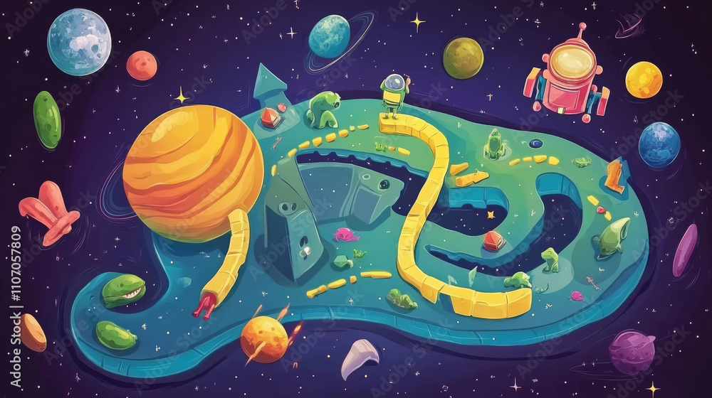 Ilustración de Stock Space game ui level map with planet vector screen background. Galaxy ...