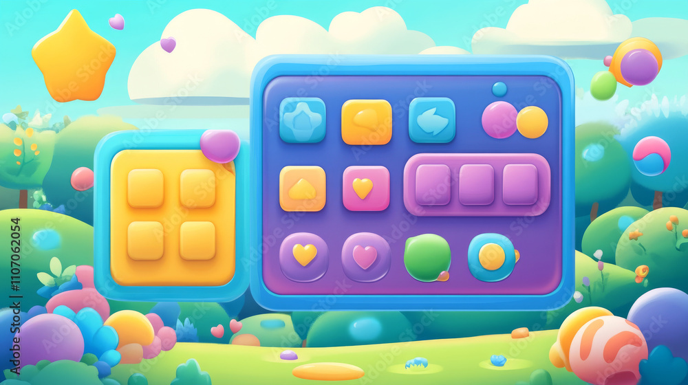 Ilustración de Stock Game ui frames, slime app buttons, icons, boards ...