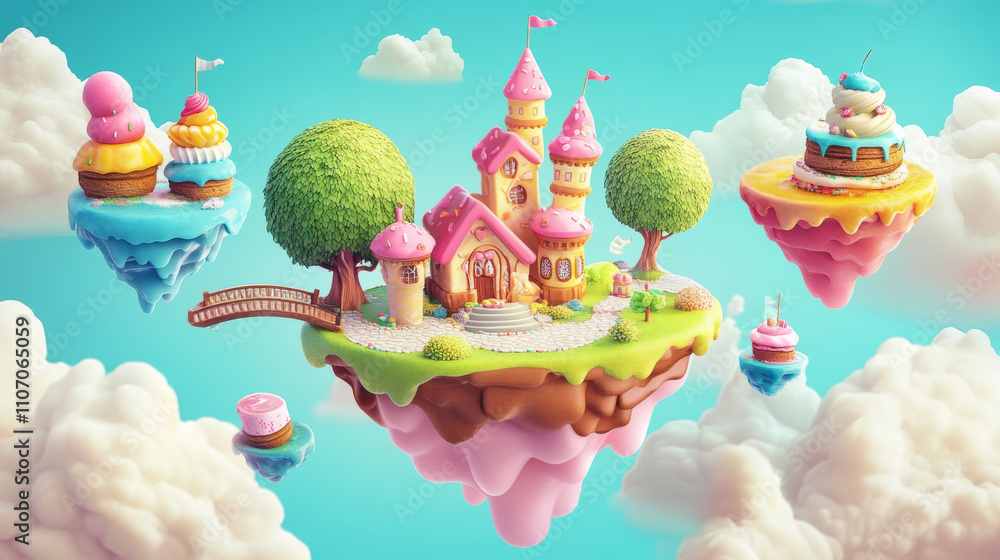 Candy land game ui design floating islands with castle, house and tree ...