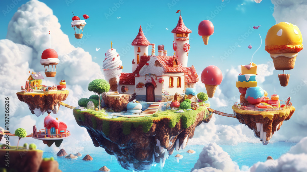 Candy land game ui design floating islands with castle, house and tree ...