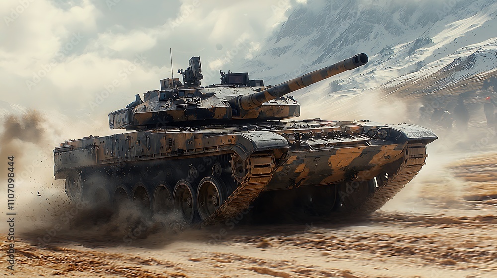 High-definition, photo realistic image of a military tank moving ...