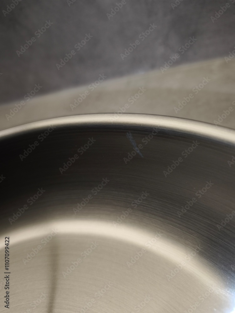 Stainless steel frying pan is waiting on a kitchen countertop, ready to ...
