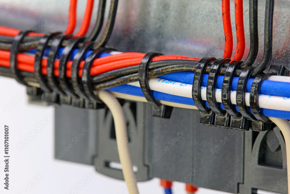 Electrical insulated copper mounting wires tied with nylon ties. Stock ...