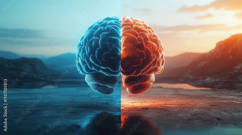 A brain image split into analytical and emotional sides, showing icons ...