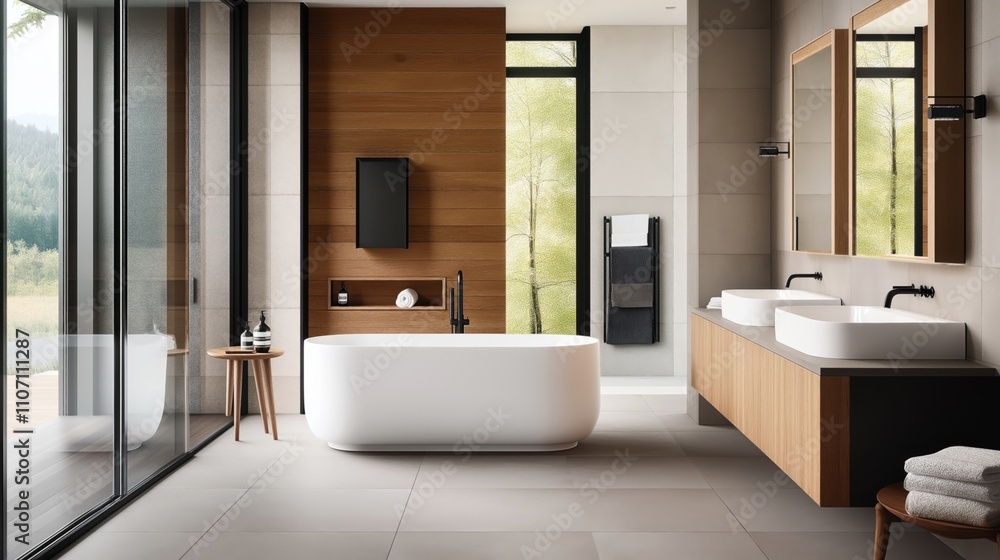 Modern minimalist bathroom with large freestanding bathtub and double ...