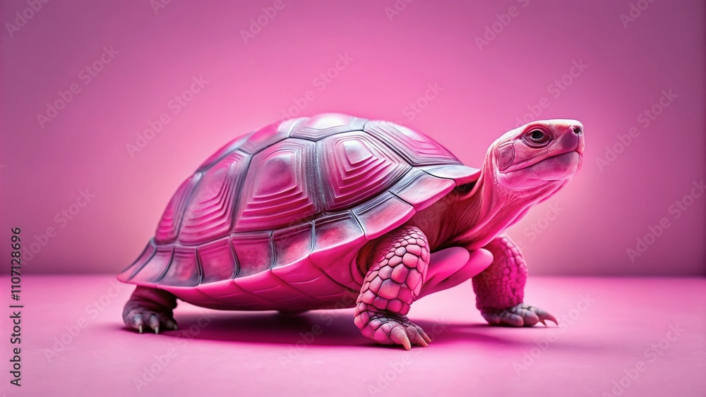 A pink turtle with an extended neck graces the frame in this striking ...