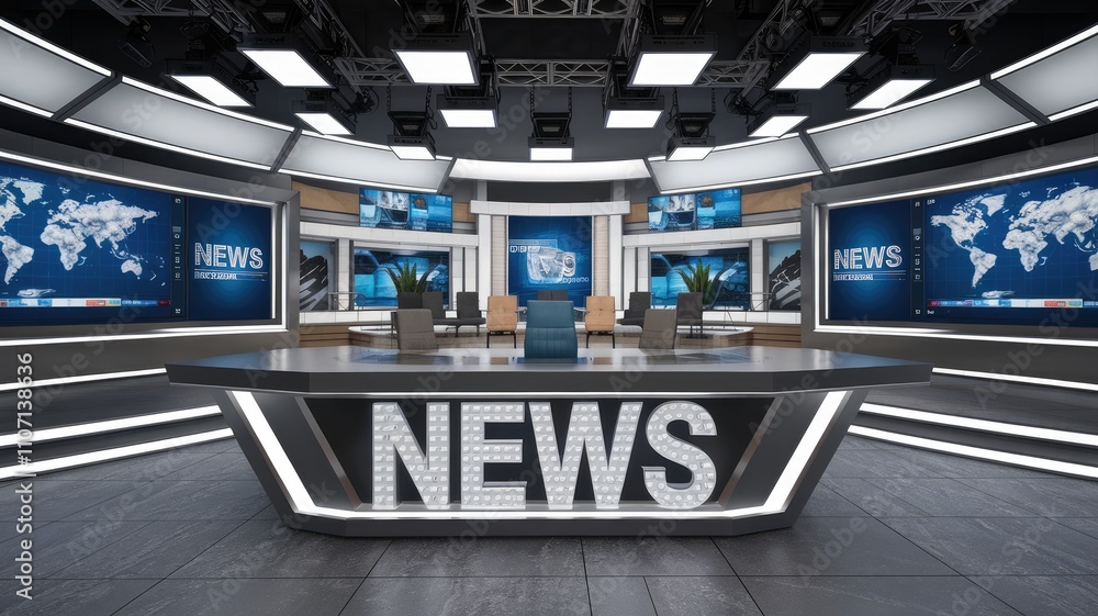 Virtual news studio set with multiple screens displaying breaking news ...