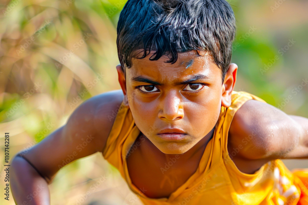 A young Indian boy demonstrates his power and strength on the sports ...