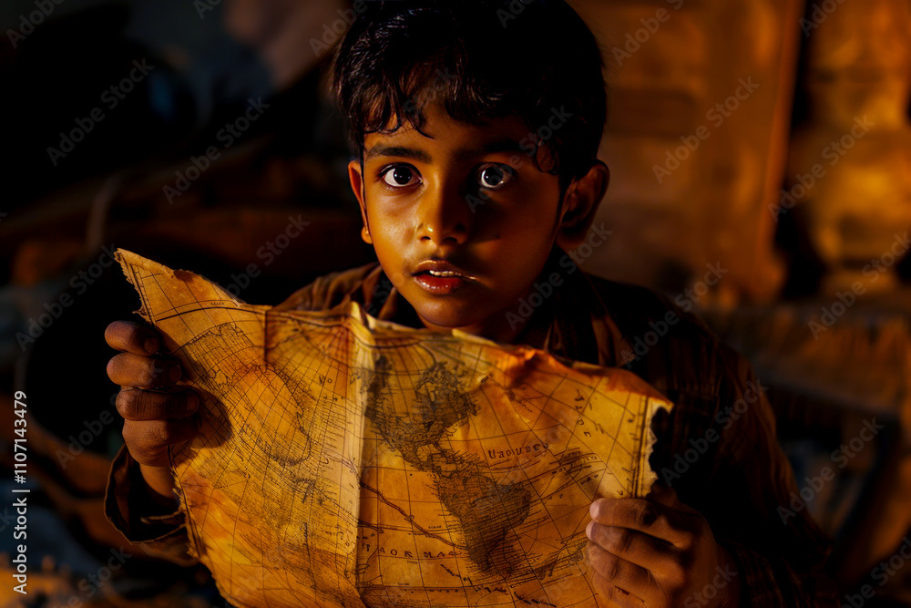 Foto de Stock A young Indian boy discovers a forgotten map in his ...