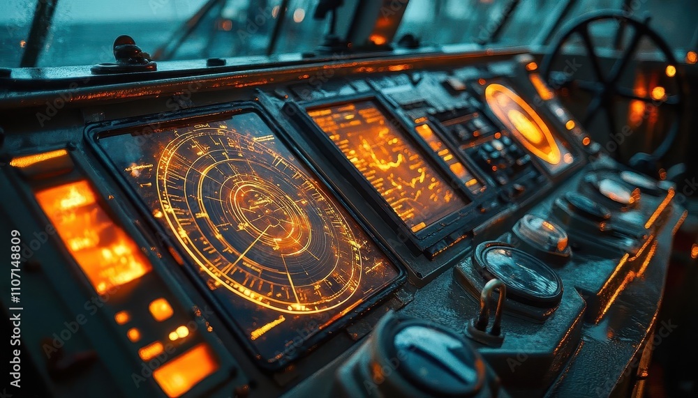 Advanced fishing radar system installed on a commercial vessel, glowing ...