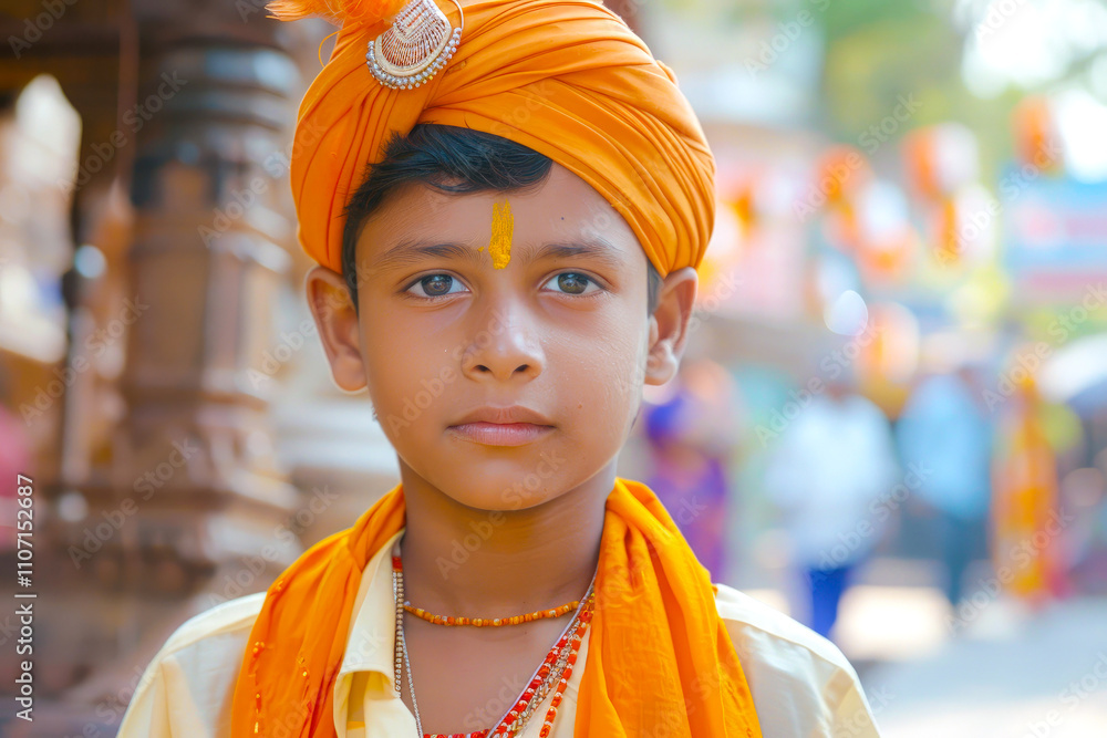 A young Indian boy embodies pride in his cultural heritage, preserving ...