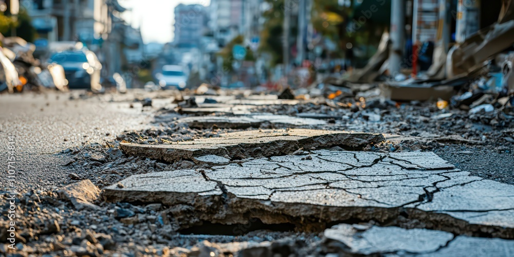 A photograph of a city street with buildings showing cracks and ...