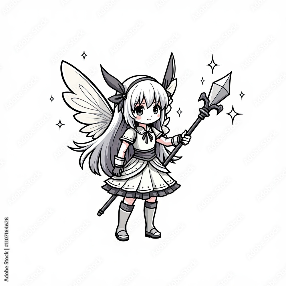 Monochrome fairy clipart with a spear, wearing black-and-white attire ...