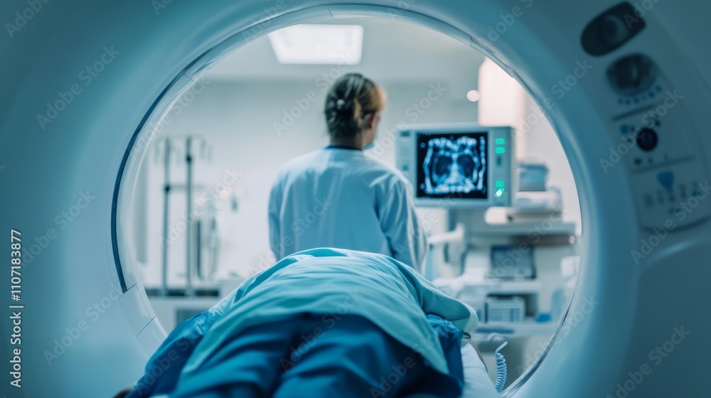 A radiographer performing a CT scan on a patient in a radiology ...