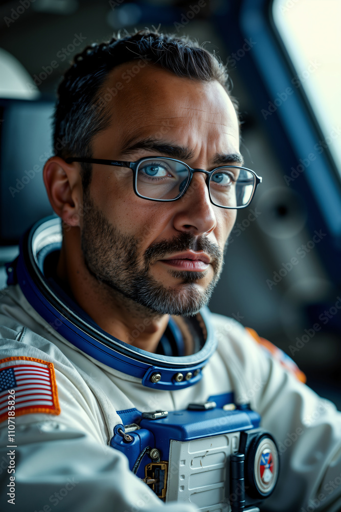 Male astronaut, wearing glasses and a suit with an american flag patch on his shoulder, is ...