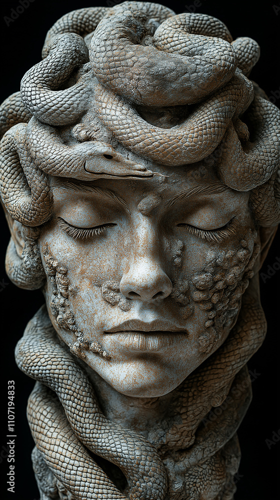 Mythical creature Medusa Gorgon hair snake statue made of plaster on a ...