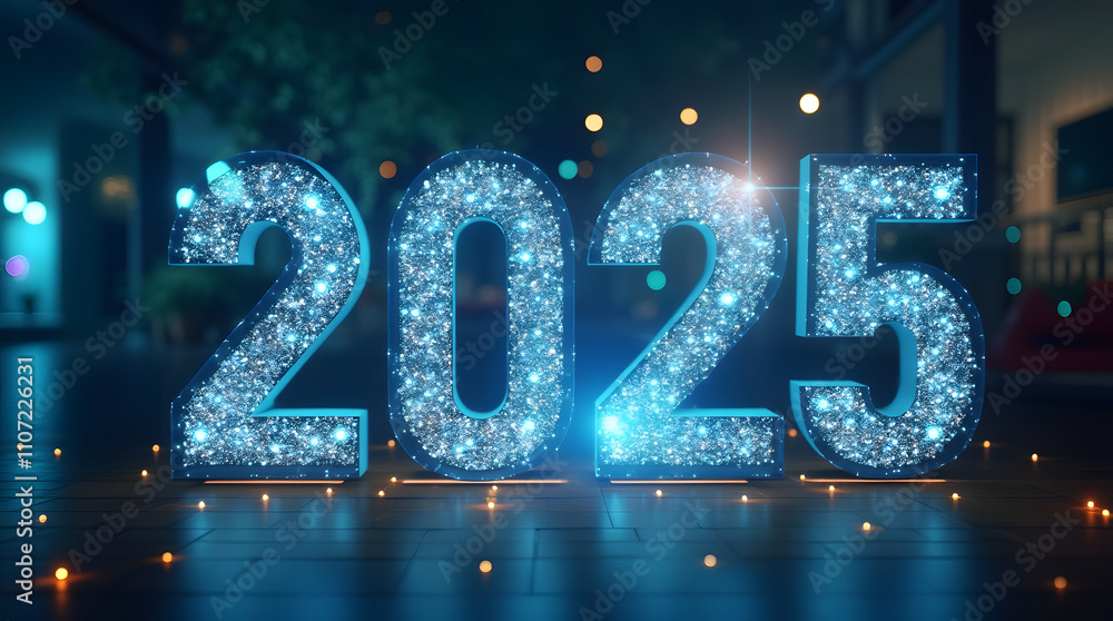 Blue LED numbers 2025 on a mirror surface. Technological breakthrough ...