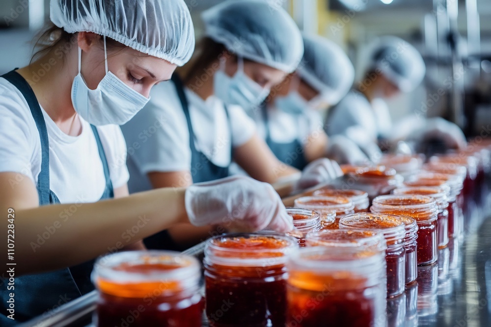 Workers in Hairnets Labeling Jars of Jam and Conducting Checks in a ...