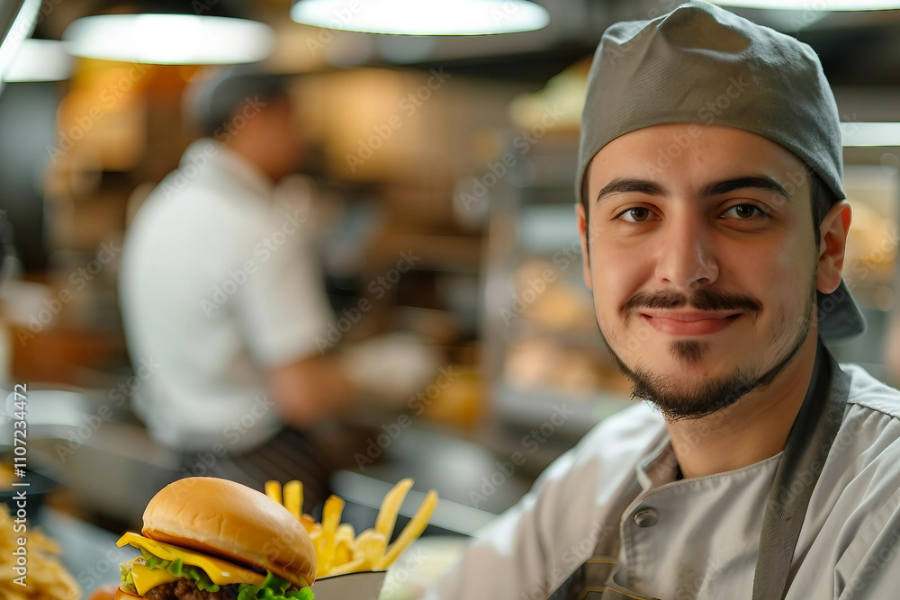 Generative AI Image of a Smiling Fast Food Worker Serving Burgers and ...