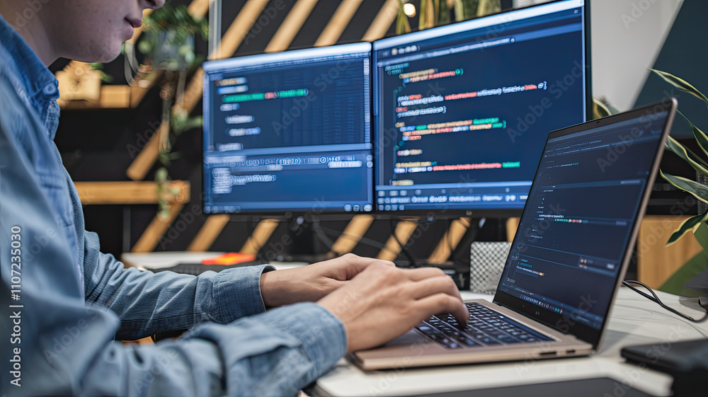 Programmer working on their professional development, typing on a ... Programmer working on their professional development, typing on a ...
