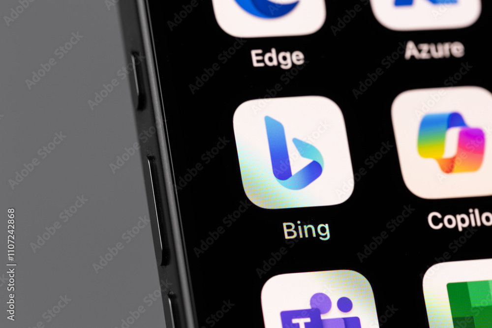 Microsoft Bing powered by AI and GPT-4 - mobile icon app on a screen ...
