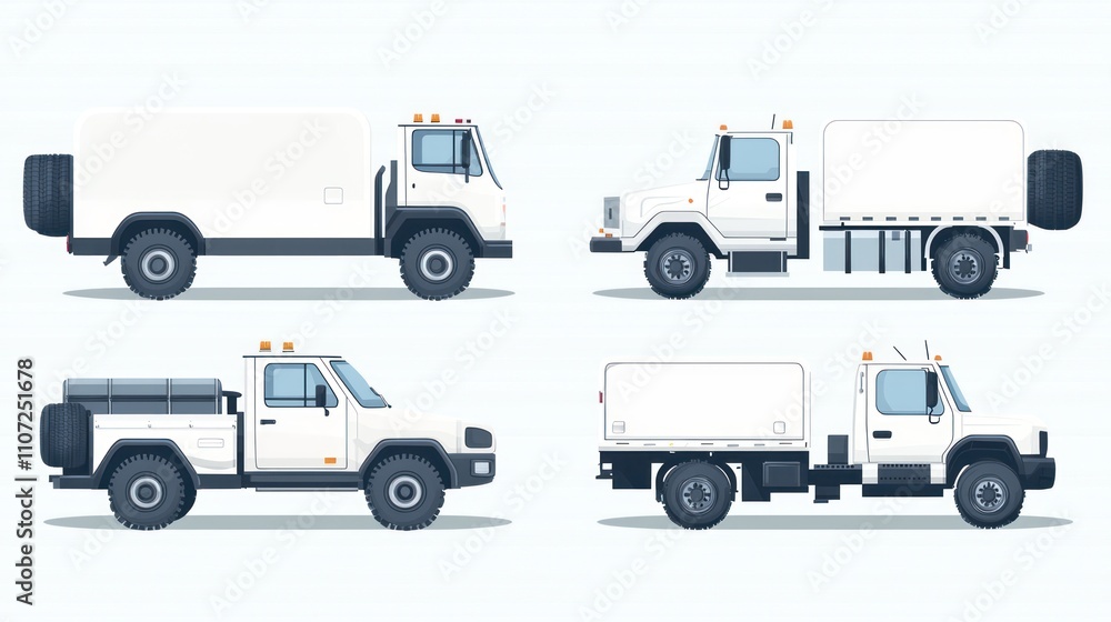 The image features four different side views of white trucks ...