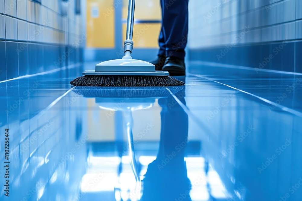 Hospital janitor uses industrial mop to leave corridor floor shiny and ...