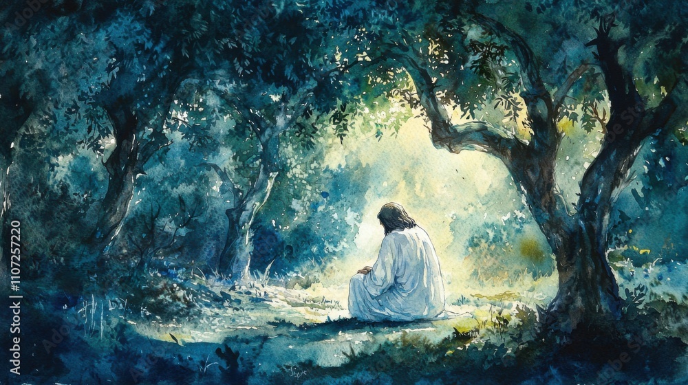 Watercolor depicting Jesus praying in the Garden of Gethsemane before ...