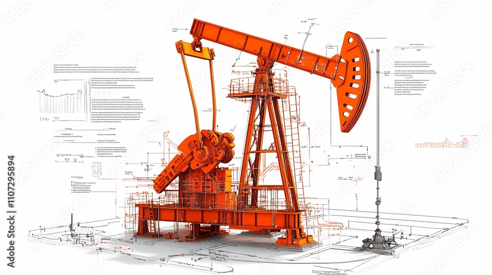 Detailed Illustration of an Oil Pump Jack with Technical Diagrams and ...