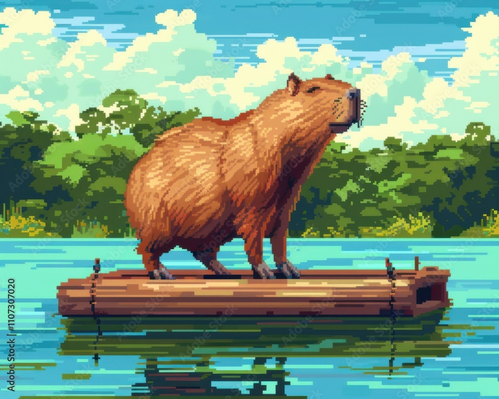 Capybara Raft: A pixel art illustration of a relaxed capybara standing ...