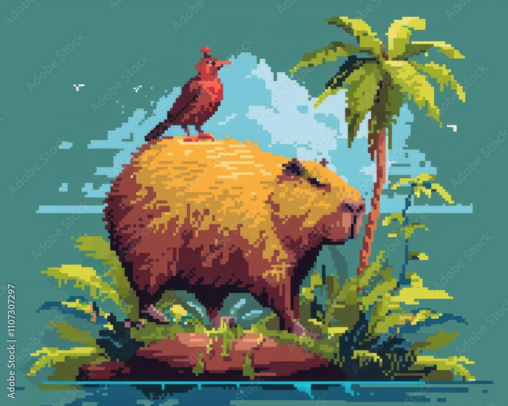 Capybara and Cardinal in Pixel Art: A whimsical pixel art illustration ...