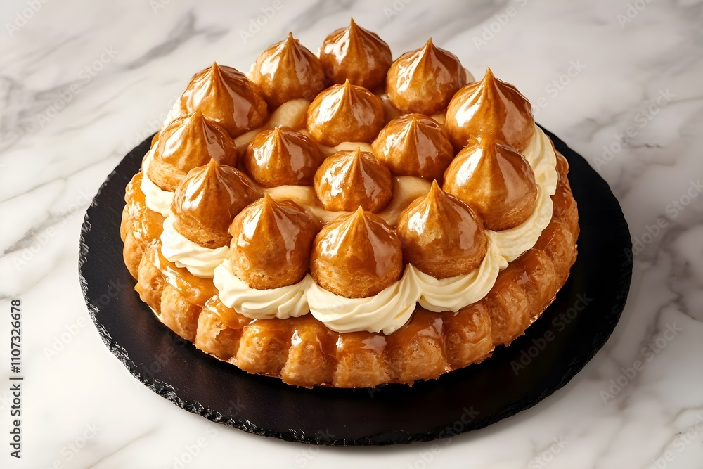 A Saint Honoré cake with caramel-glazed choux, Chantilly swirls, on a ...