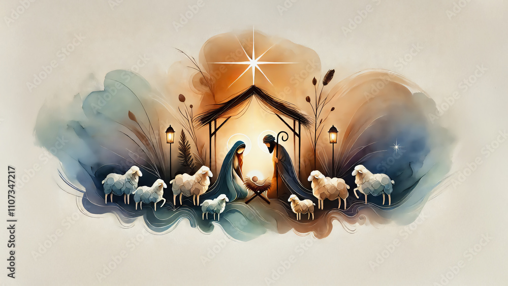 Nativity scene in Bethlehem. Christmas scene. Watercolor painting ...