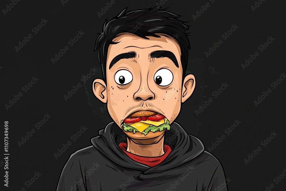 cartoon Asian man with a distorted face eats a hamburger on a black ...