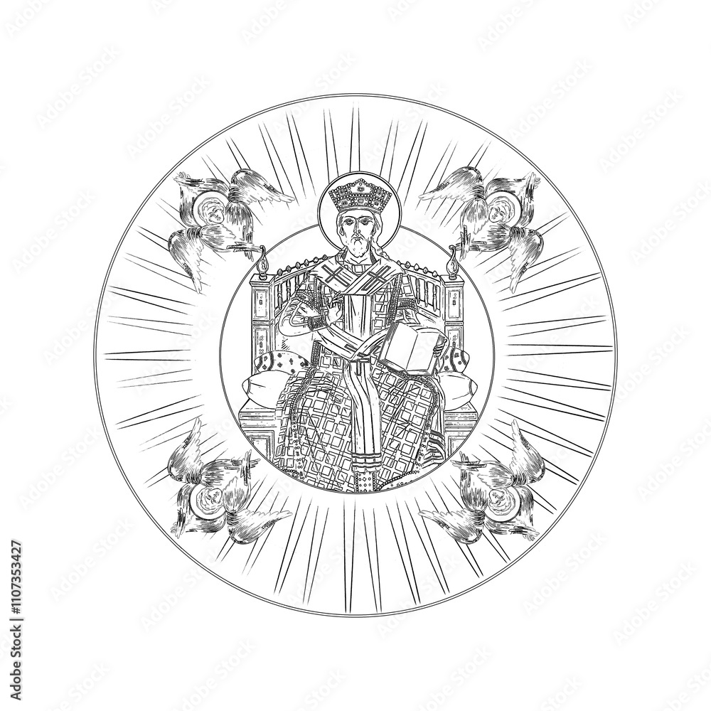Jesus Christ the greatest Bishop sitting on the throne. Greek medallion ...