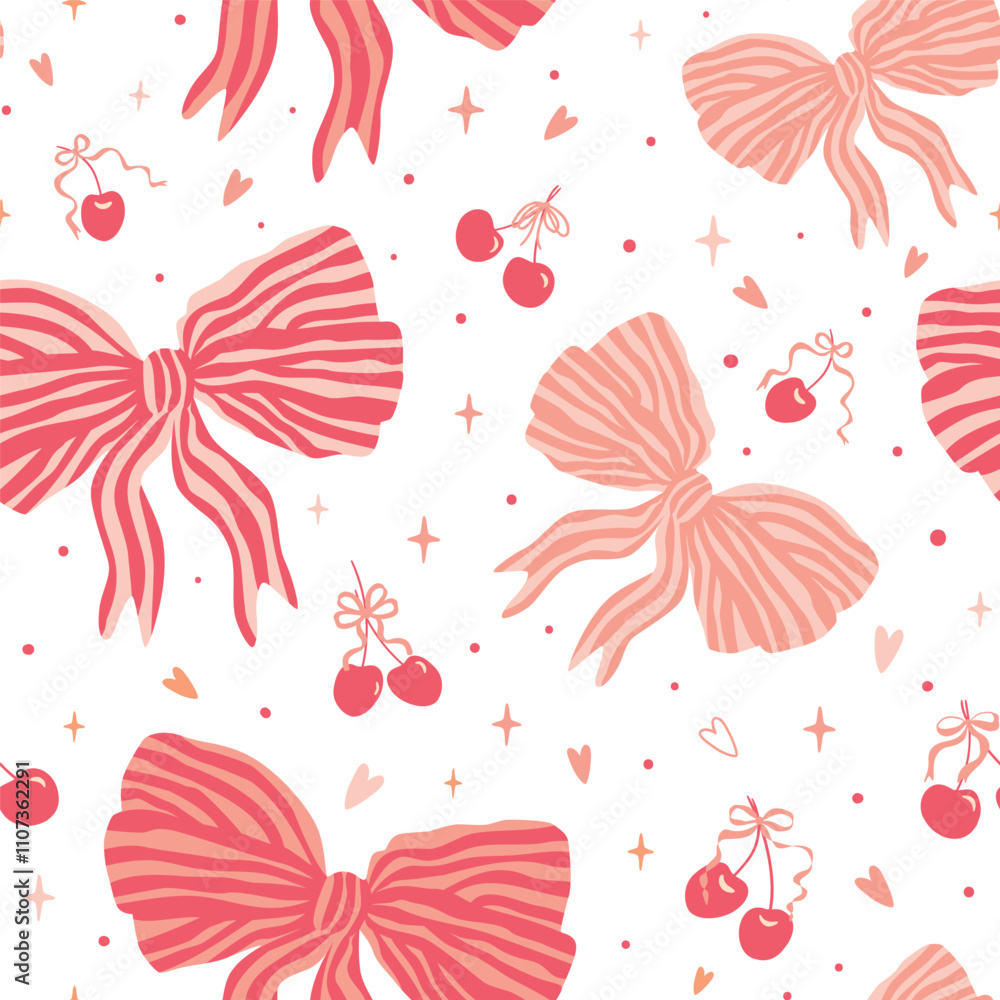 Pink bows and cherry seamless pattern for Valentines day. Preppy ...