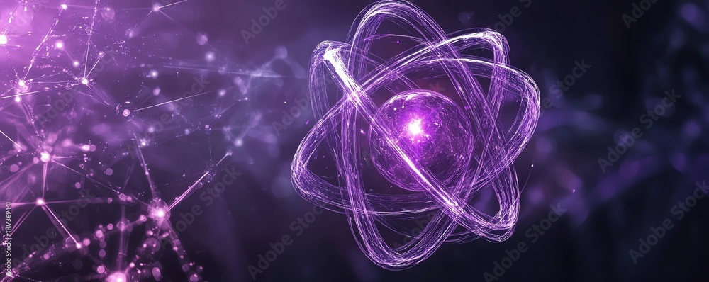 A vibrant atom symbol with violet electron pathways revolving around a ...
