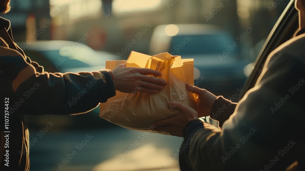 contemporary delivery scene, hygienic handover, cream paper bag focus ...
