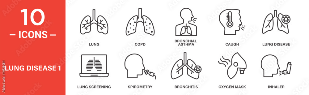 A set of 10 lung disease icons depicting lungs, COPD, asthma, cough ...