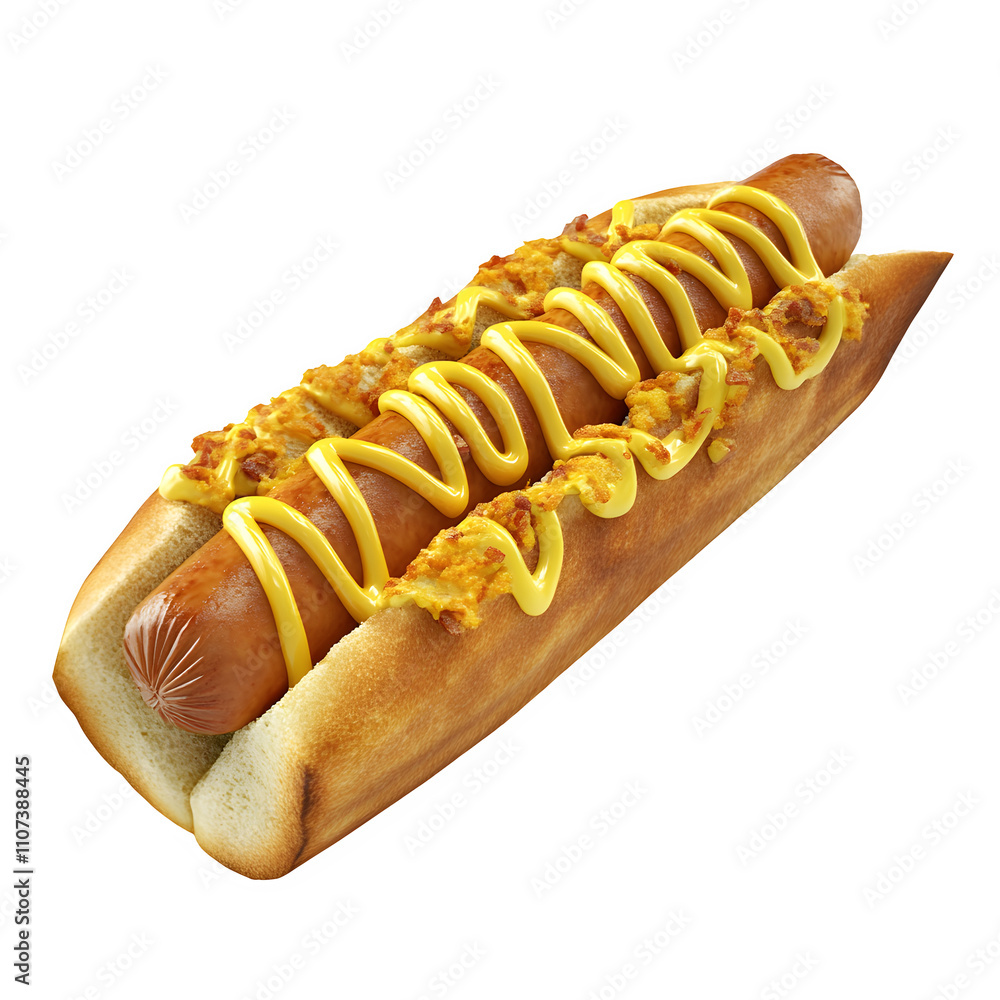 Delicious hot dog with sausage, mustard and crispy fried onions, on a ...