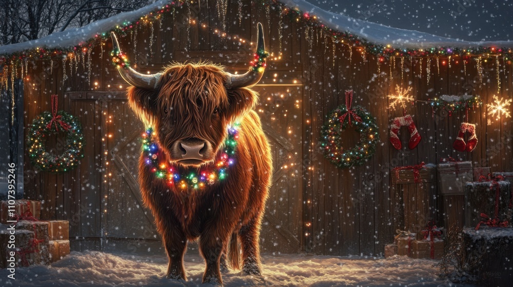 Highland Cow in Christmas Glow: A Highland cow with its digital pic ...